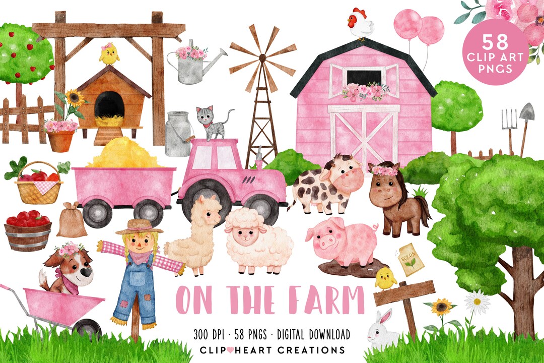 On the Farm Pink Watercolor Clip Art, Commercial Use Instant Download ...