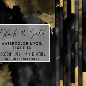 Black & Gold Watercolor and Foil Digital Papers, Commercial Use Instant ...