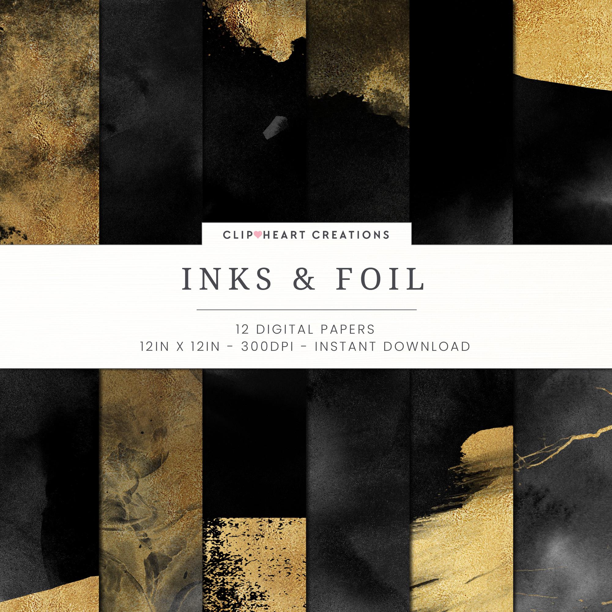 Black & Gold Watercolor and Foil Digital Papers, Commercial Use Instant ...