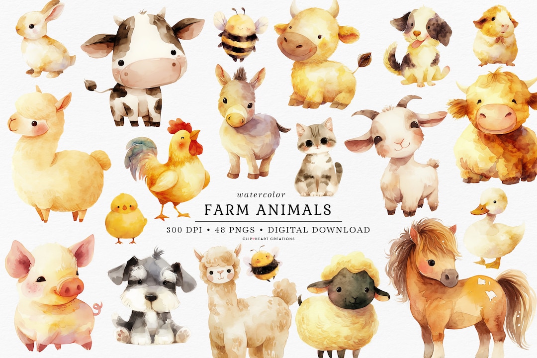 Farm Animals Watercolor Clip Art, Commercial Use Instant Download ...
