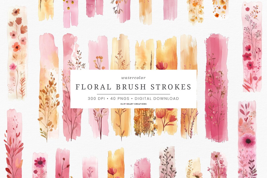 Pink Floral Brush Strokes PNG Bundle: Watercolor Clipart Overlays ...