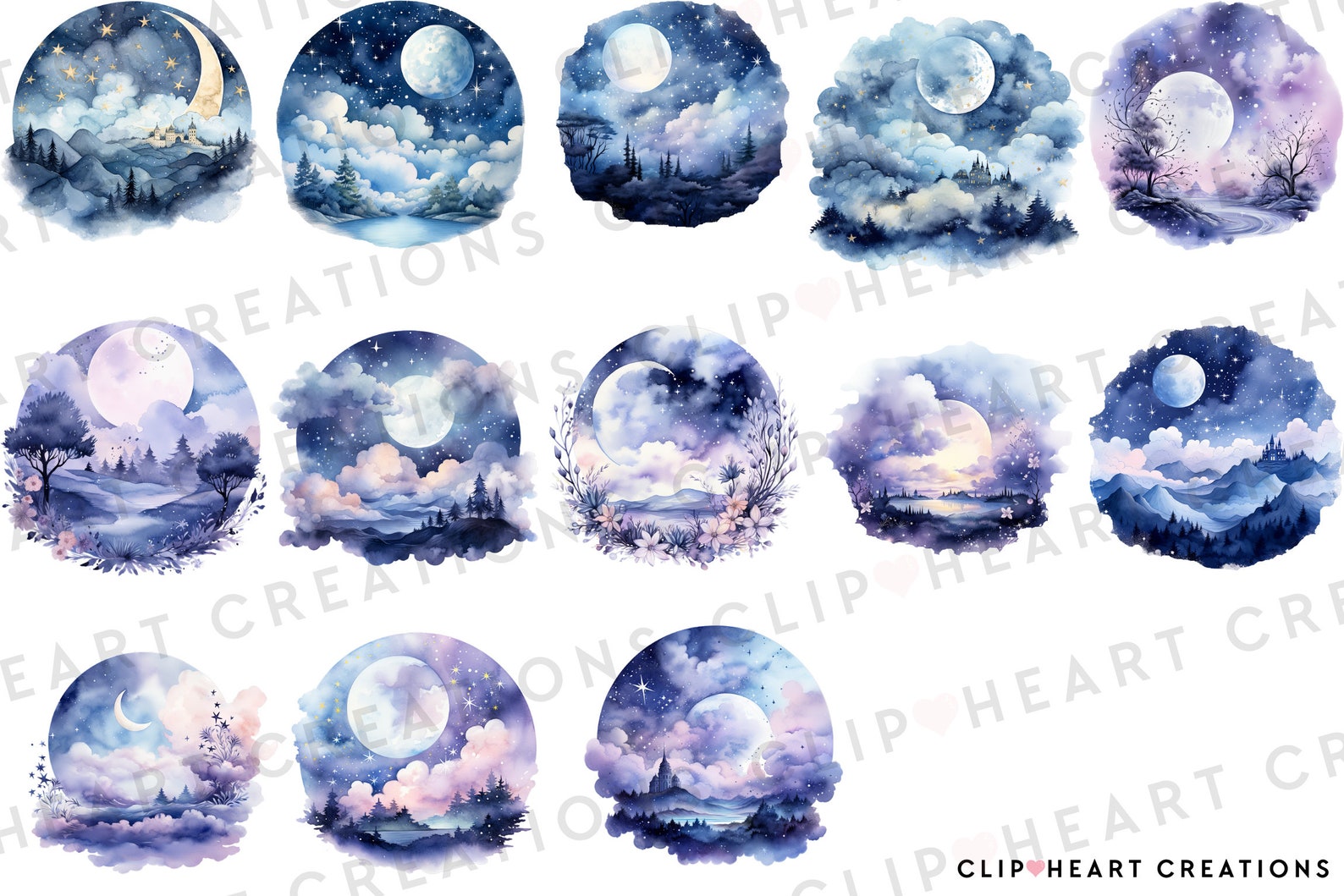 Celestial Dreamscapes Watercolor Clipart Set, Commercial Use Instant ...