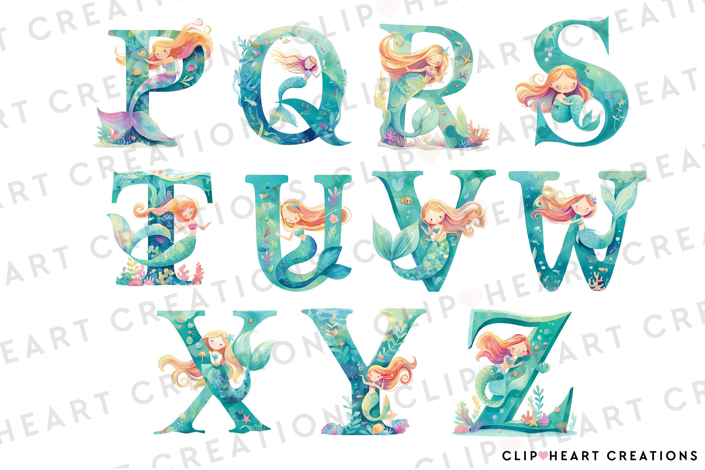 Mermaid Alphabet Clip Art, Commercial Use Instant Download Fantasy ...