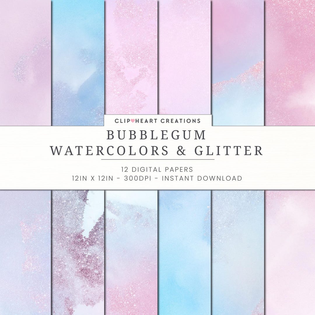 Pink and Blue Glitter Watercolor Digital Papers, Commercial Use Instant ...