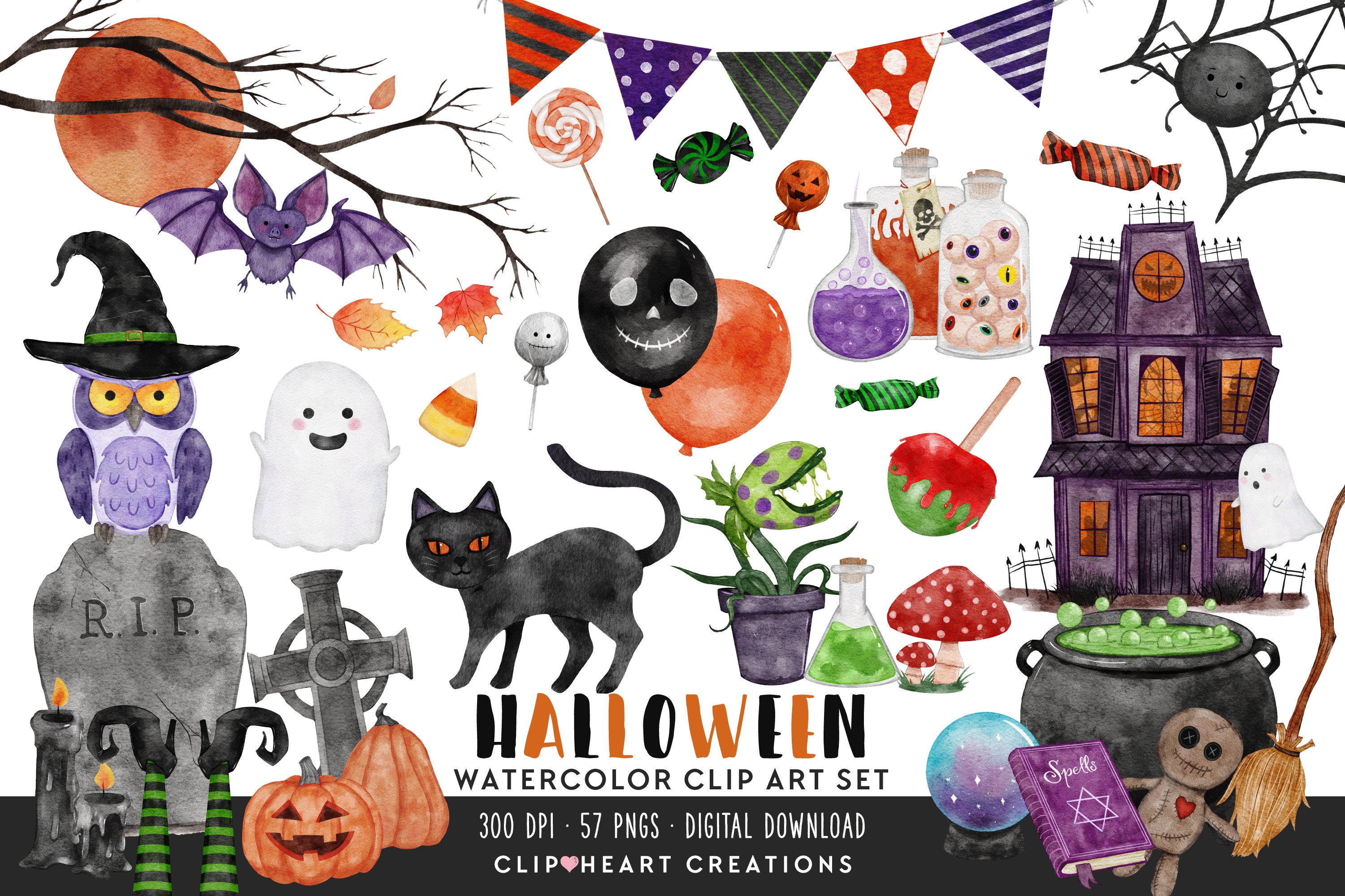 Halloween Watercolor Clip Art, Commercial Use Instant Download PNG ...