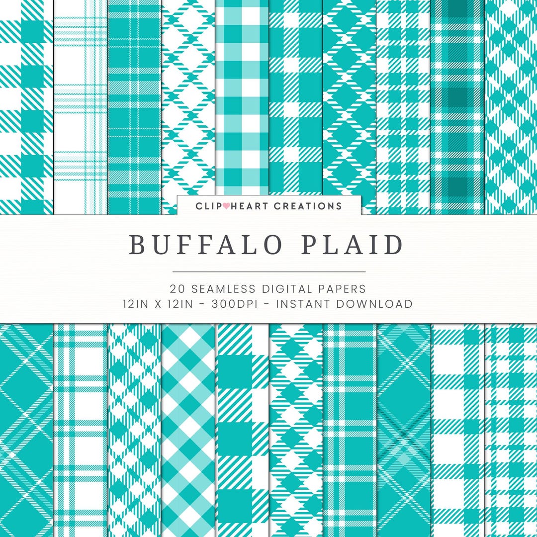 Aqua Buffalo Plaid Digital Paper Set, Seamless Lumberjack Plaid Papers ...
