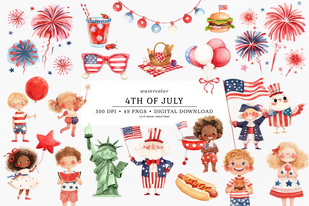 Watercolor 4th of July Clipart Bundle - Patriotic Digital Download - 49 ...