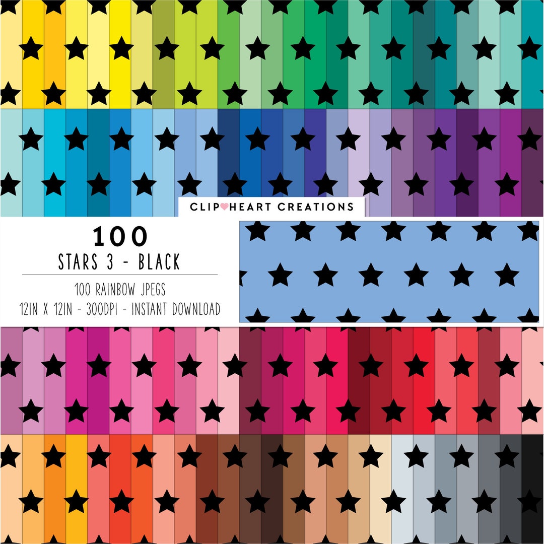 100 Star Pattern Digital Papers, Commercial Use Seamless Black Stars ...