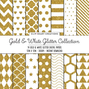 Gold Glitter Pattern Digital Papers Commercial Use, 14 White and Gold ...