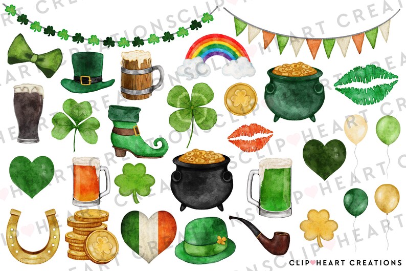 St Patrick's Day Watercolor Clip Art, Commercial Use Instant Download ...