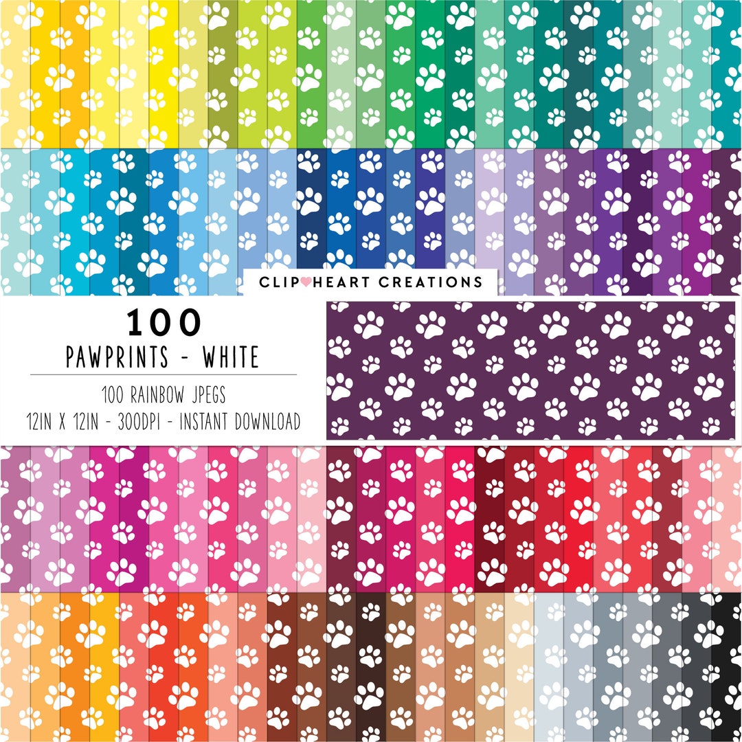 100 Paw Prints Pattern Digital Paper, Commercial Use Seamless White Paw ...