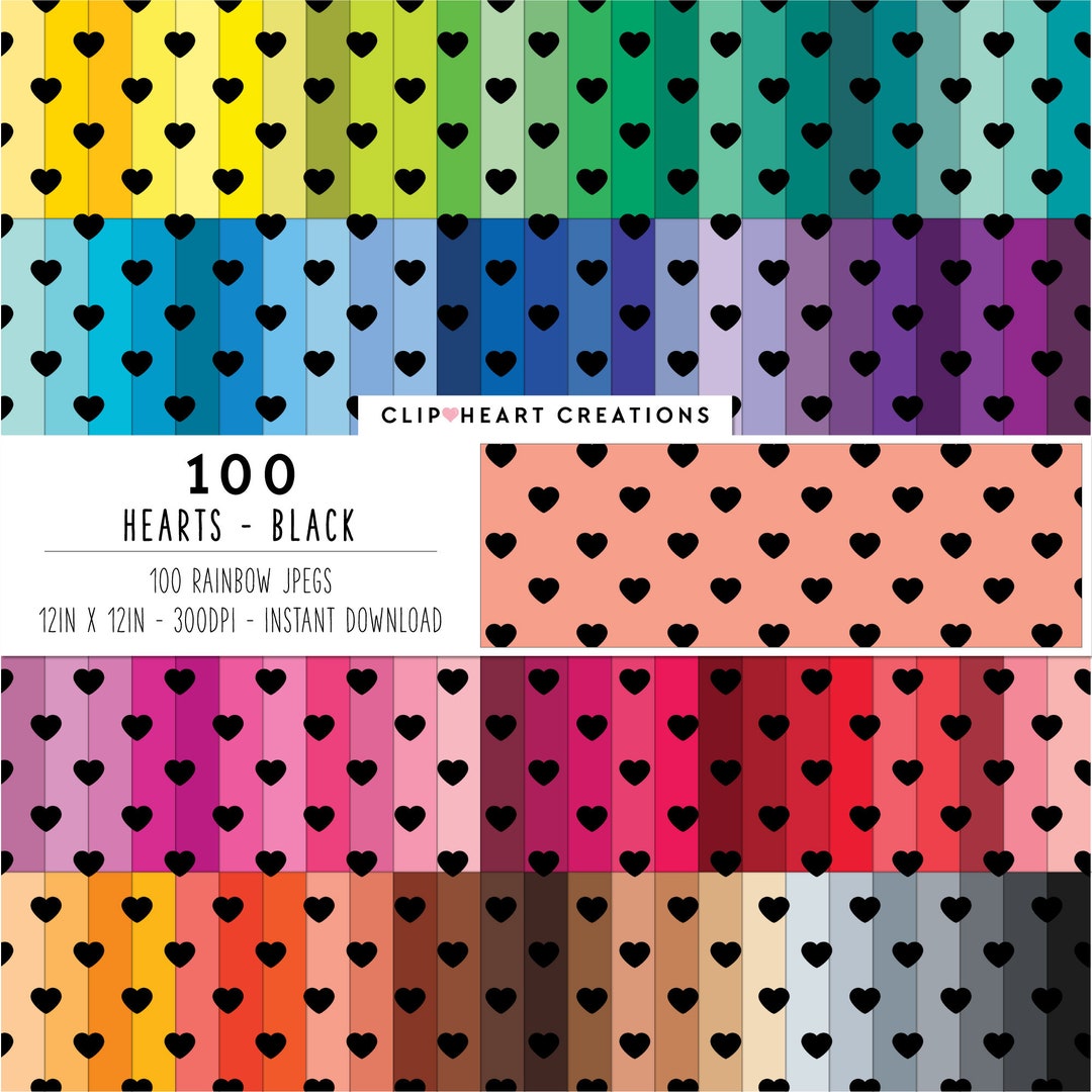 100 Hearts Digital Paper Pack, Commercial Use Seamless Black Heart ...