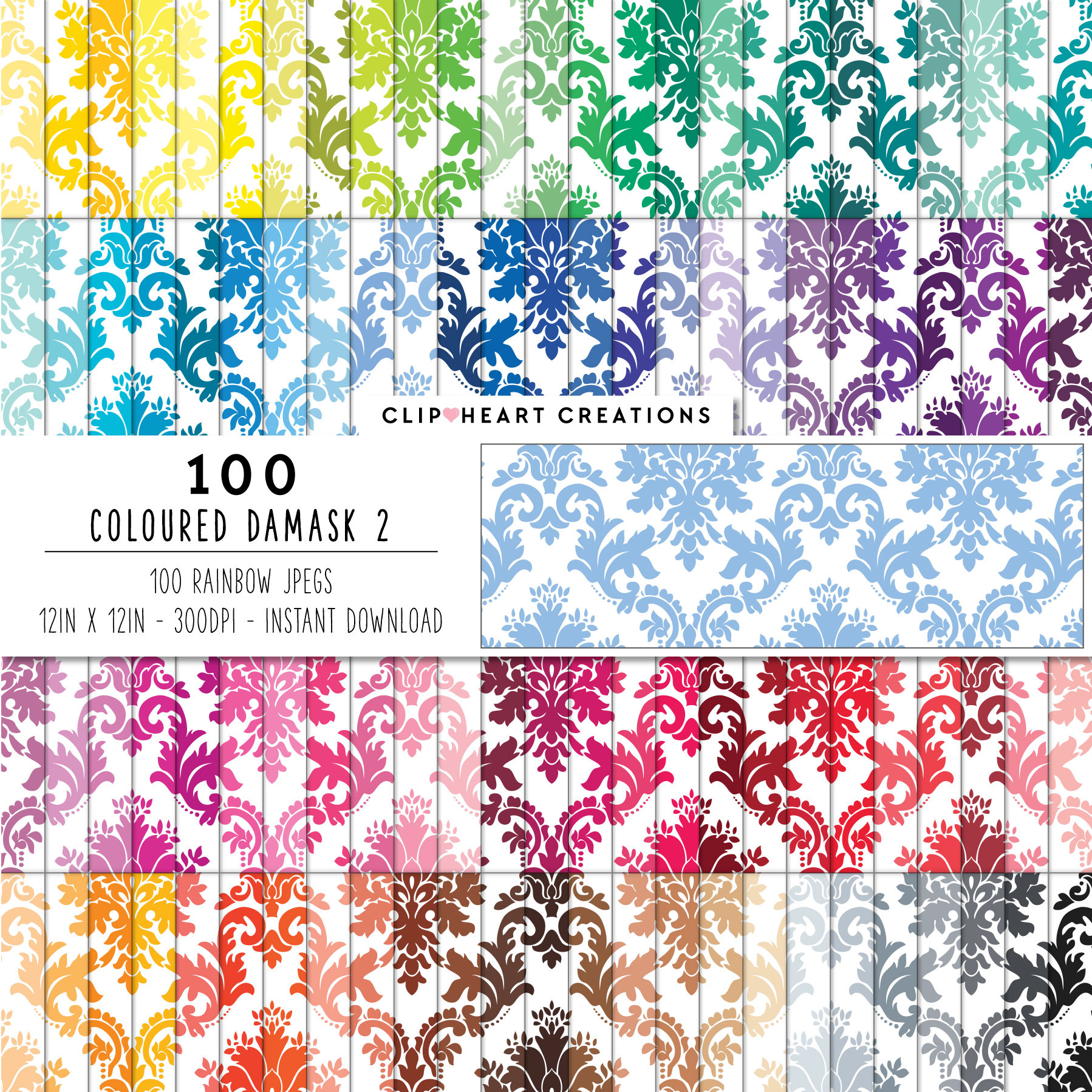 100 Damask Pattern Digital Papers, Commercial Use Instant Download ...