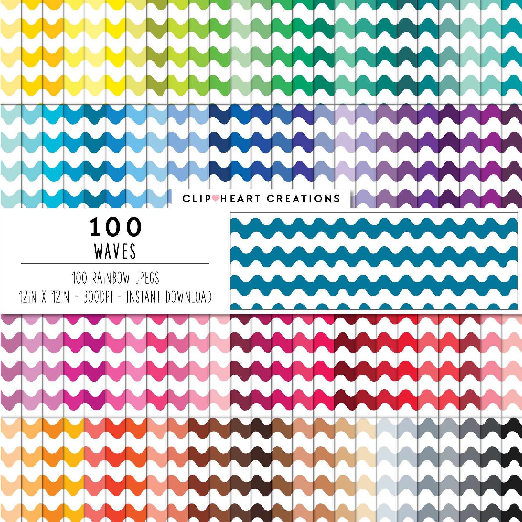 100 Waves Pattern Digital Papers Commercial Use Instant | Etsy