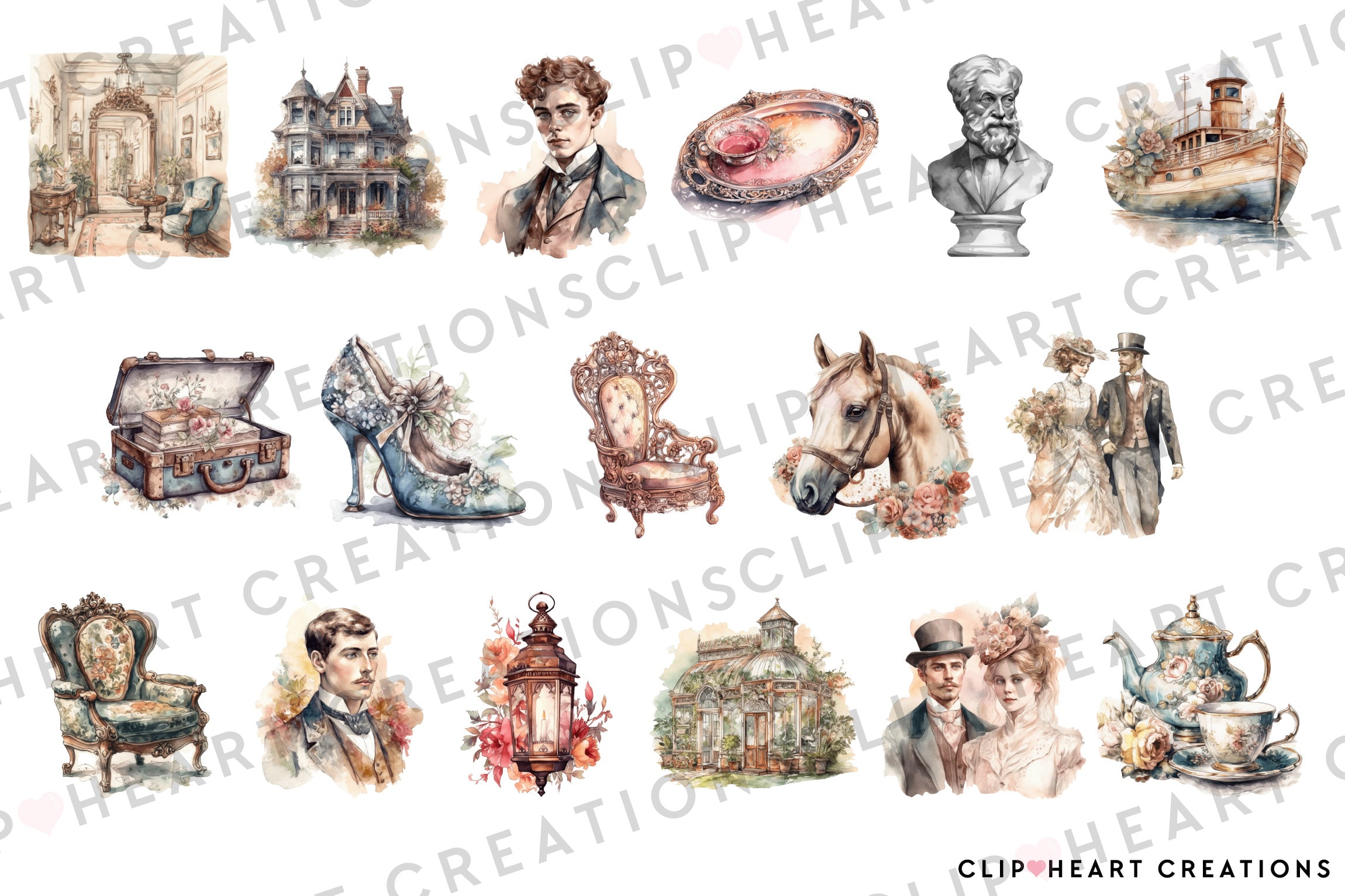 Victorian Romance Watercolor Clipart Collection, Commercial Use Instant ...