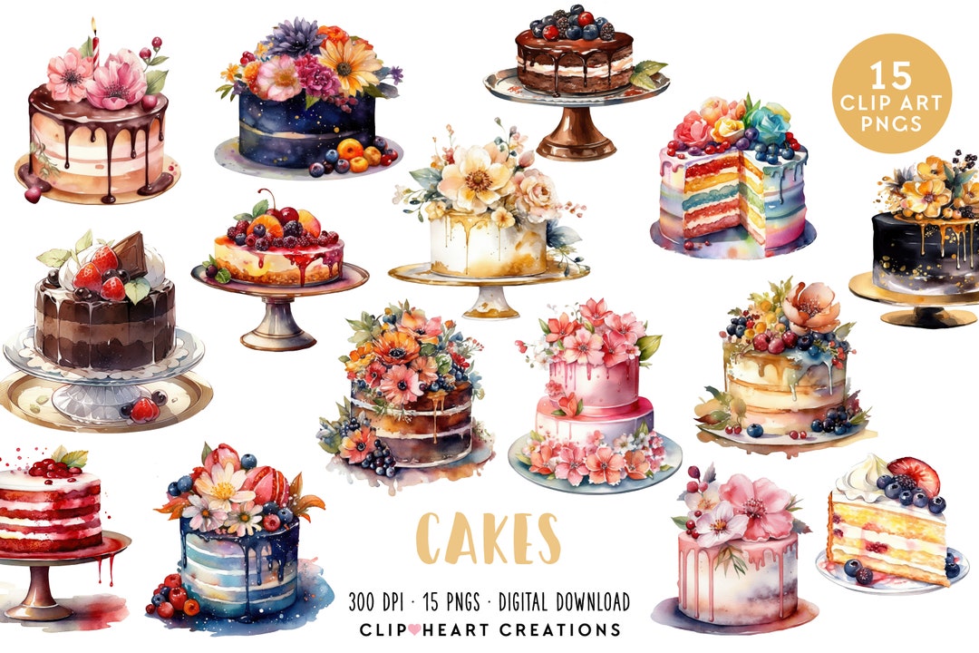 Watercolor Cake Clipart Collection, Commercial Use Instant Download PNG ...