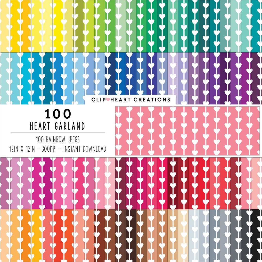 100 Heart Garland Digital Papers, Commercial Use Seamless Rainbow Heart ...