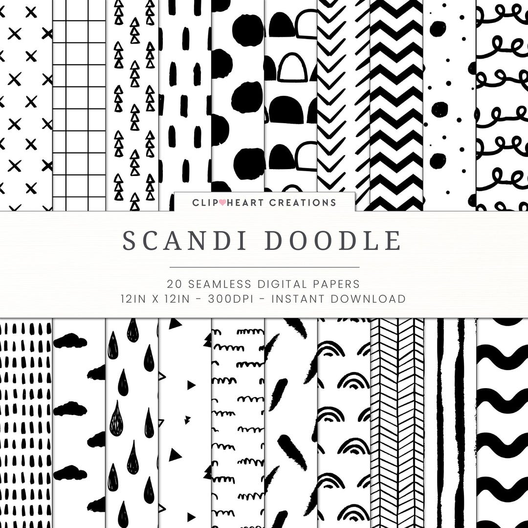Black & White Doodle Seamless Digital Papers, Commercial Use Instant ...