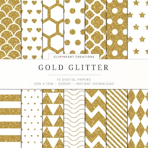 Gold Glitter Pattern Digital Papers Commercial Use, 14 White and Gold ...