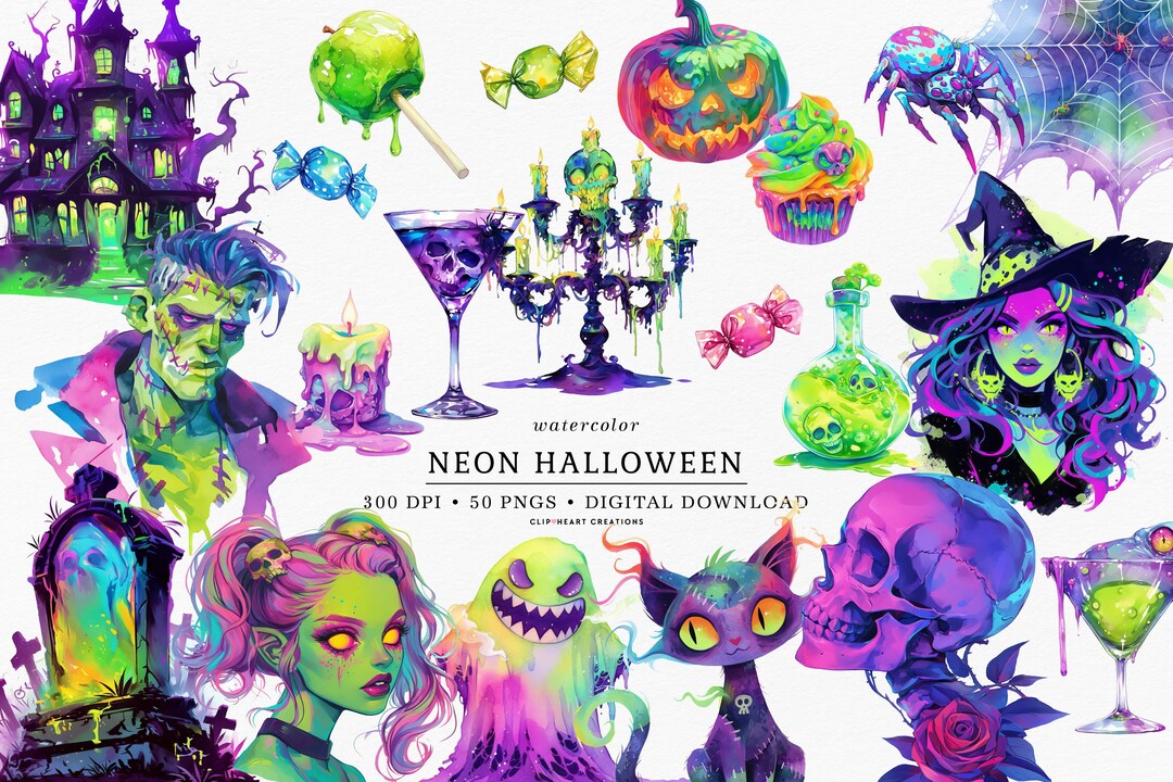 Neon Halloween Watercolor Clipart Set, Commercial Use Instant Download ...