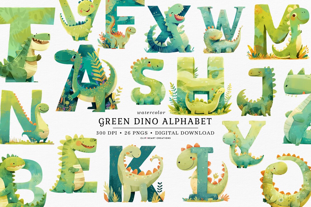 Green Dinosaur Alphabet Clip Art, Commercial Use Instant Download Dino ...