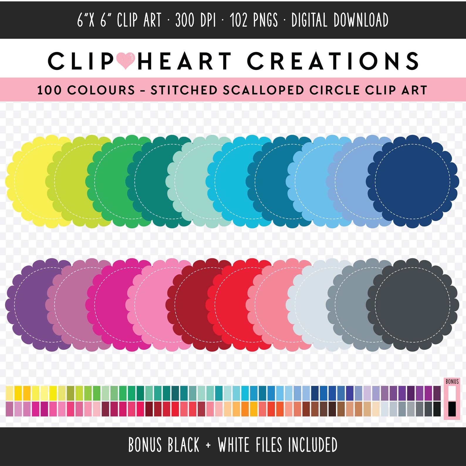 100 Stitched Scalloped Circle Digital Clip Art, Commercial Use Instant ...
