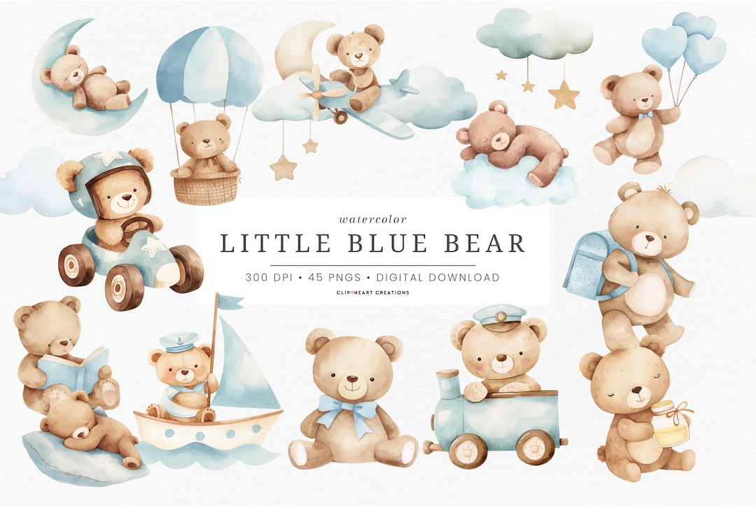 Blue Bear Clipart Bundle: Nursery Decor, Baby Shower PNG (digital ...