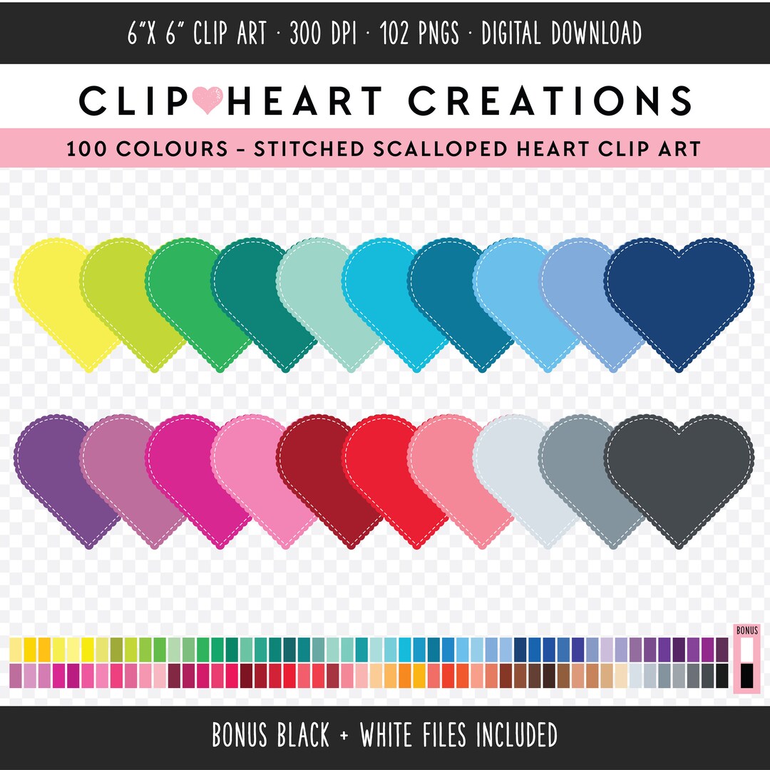 100 Stitched Hearts Digital Clip Art, Commercial Use Instant Download ...