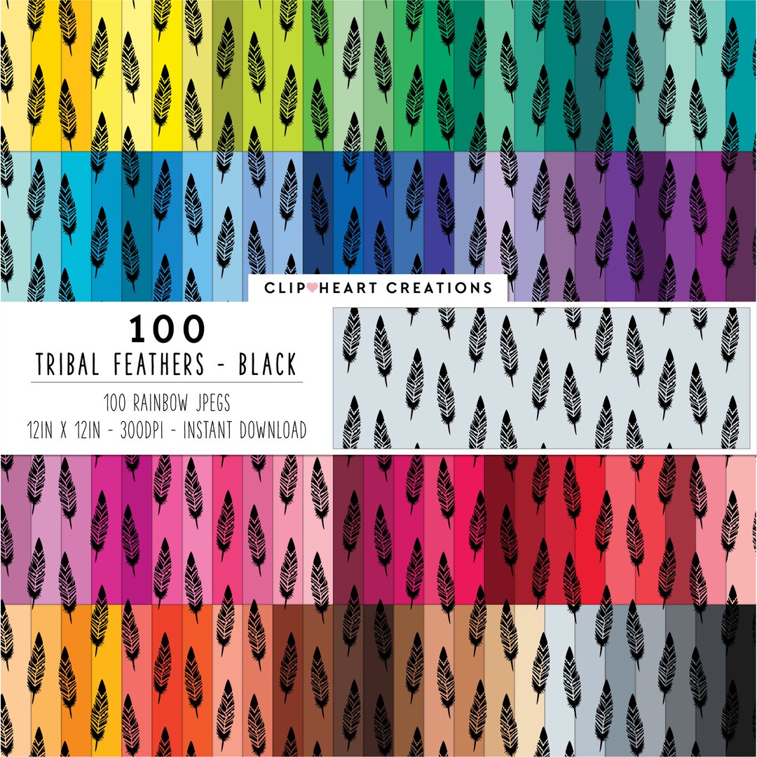 100 Tribal Feathers Digital Paper Pack, Commercial Use Seamless Black ...