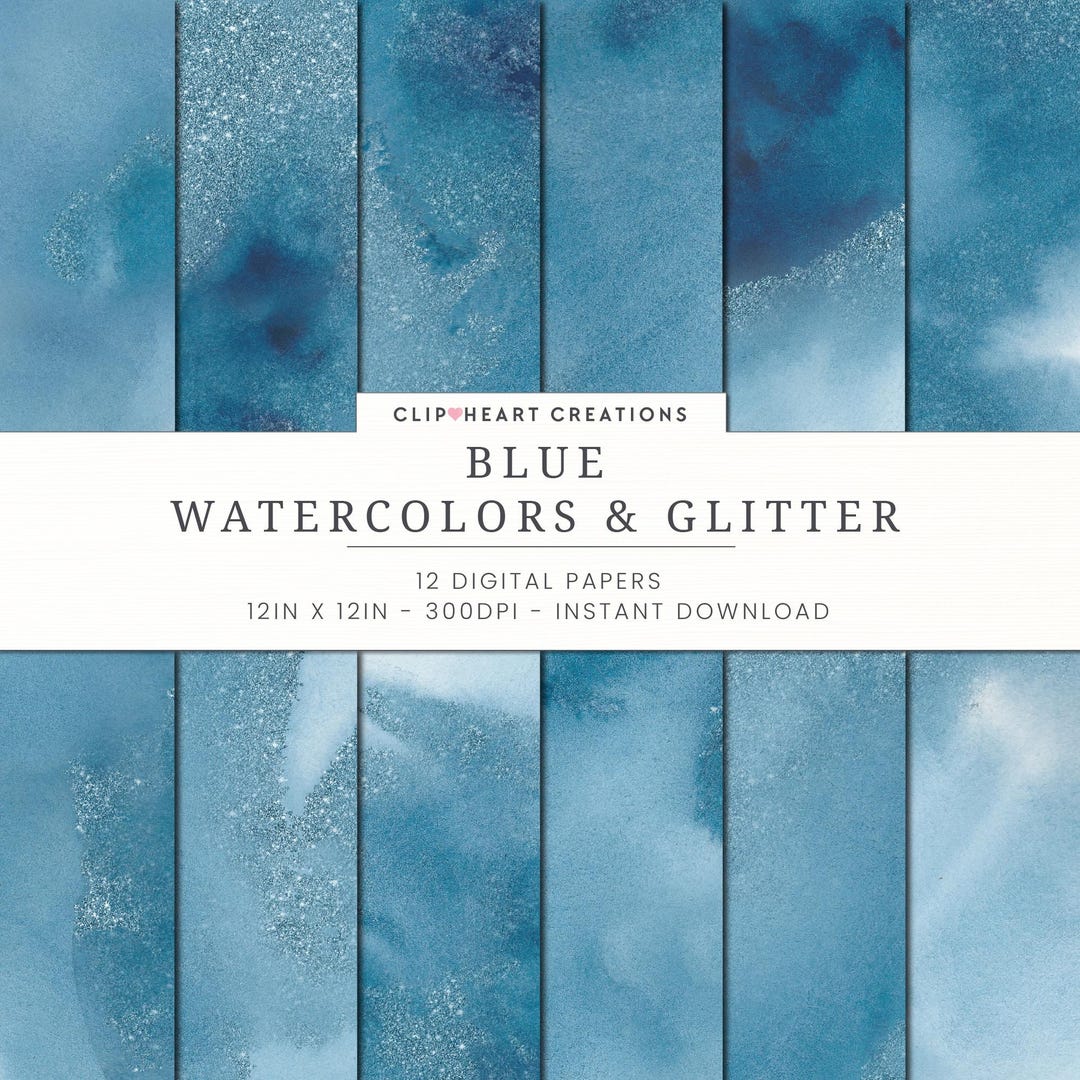 Blue Glitter Watercolor Digital Papers, Commercial Use Instant Download ...