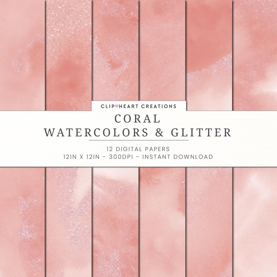 Coral Glitter Watercolor Digital Papers, Commercial Use Instant ...
