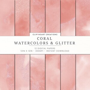 Coral Glitter Watercolor Digital Papers, Commercial Use Instant ...