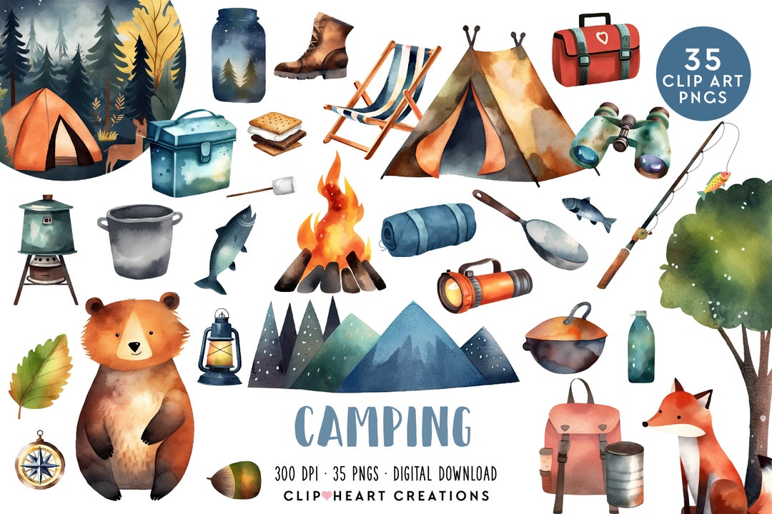 Cute Camping Watercolor Clipart Set, Commercial Use Instant Download ...