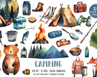 Watercolor Camping Clipart Bundle: Rustic Forest Adventure PNG (digital ...