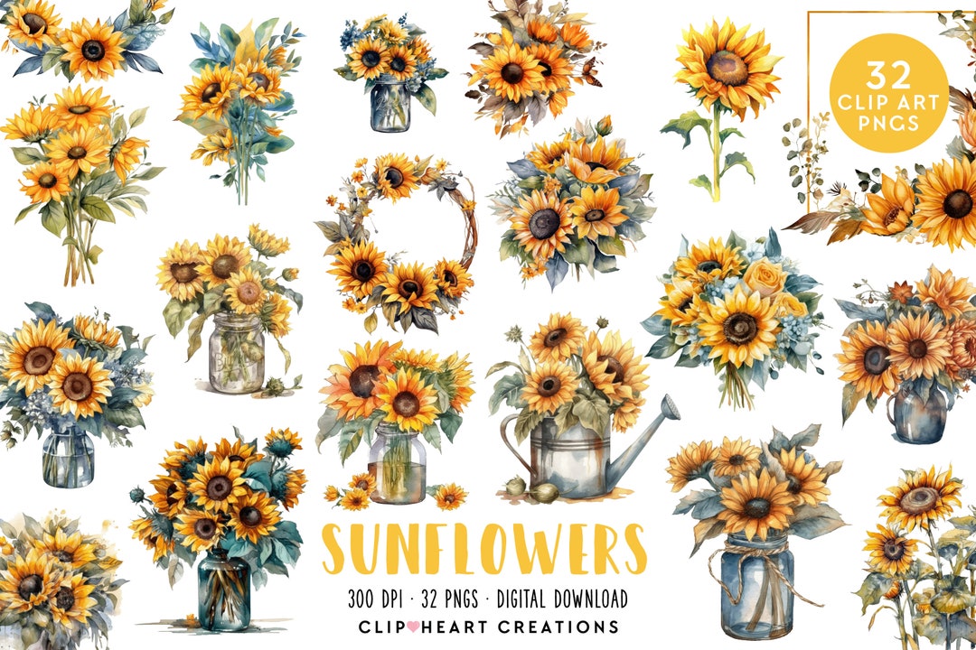 Sunflowers Watercolor Clipart Set, Commercial Use Instant Download PNG ...