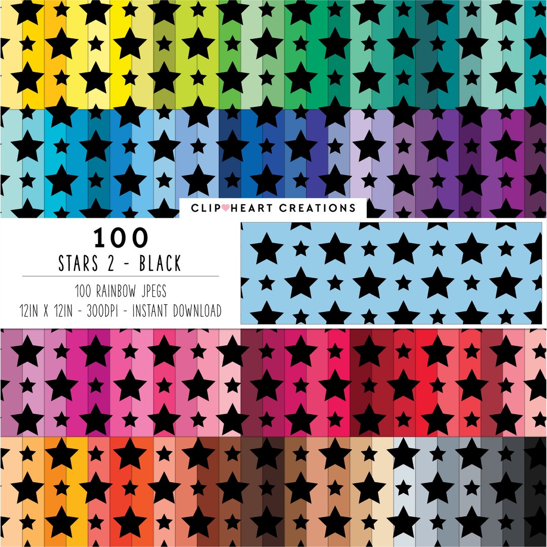 100 Star Pattern Digital Papers, Commercial Use Seamless Black Stars ...