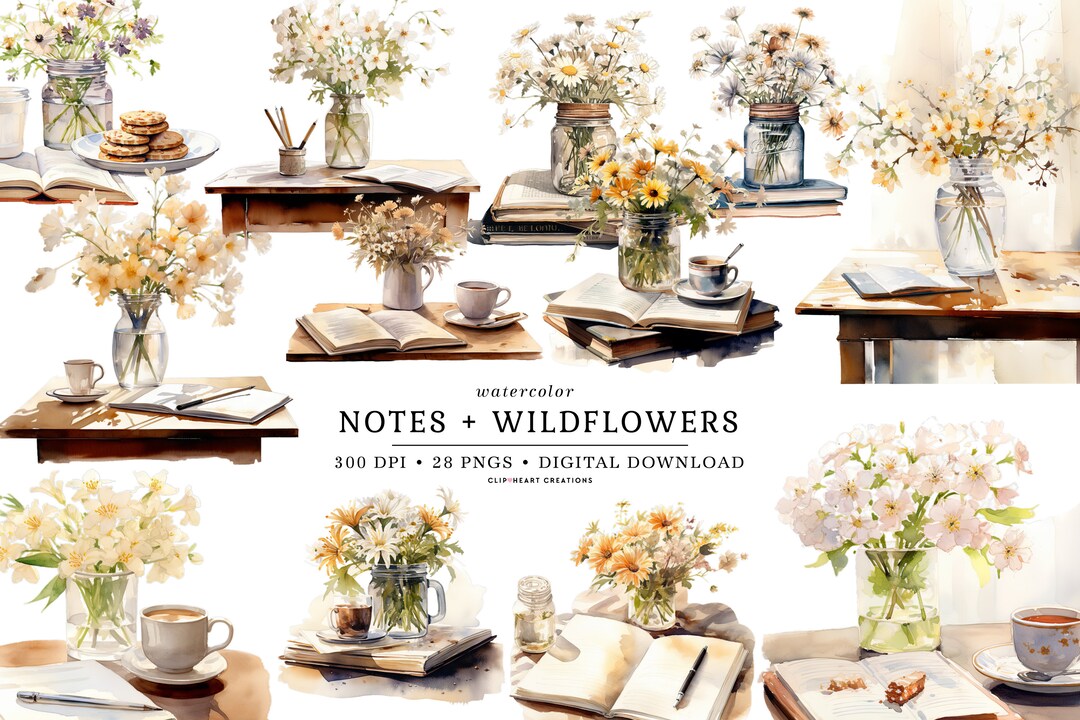 Wildflowers & Notes Watercolor Clipart Set, Commercial Use Instant ...