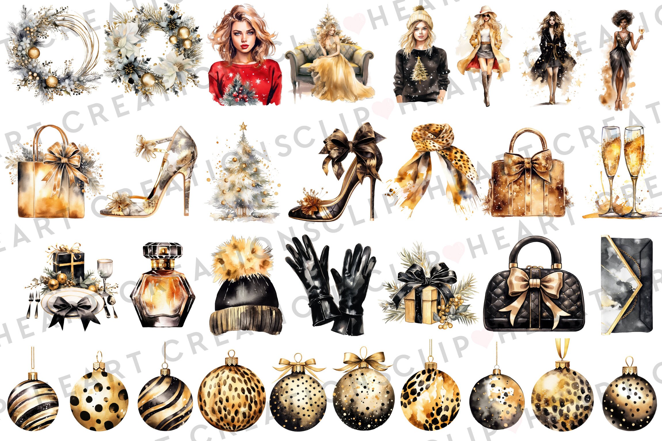 Lux Christmas Watercolor Clipart Set, Commercial Use Instant Download ...