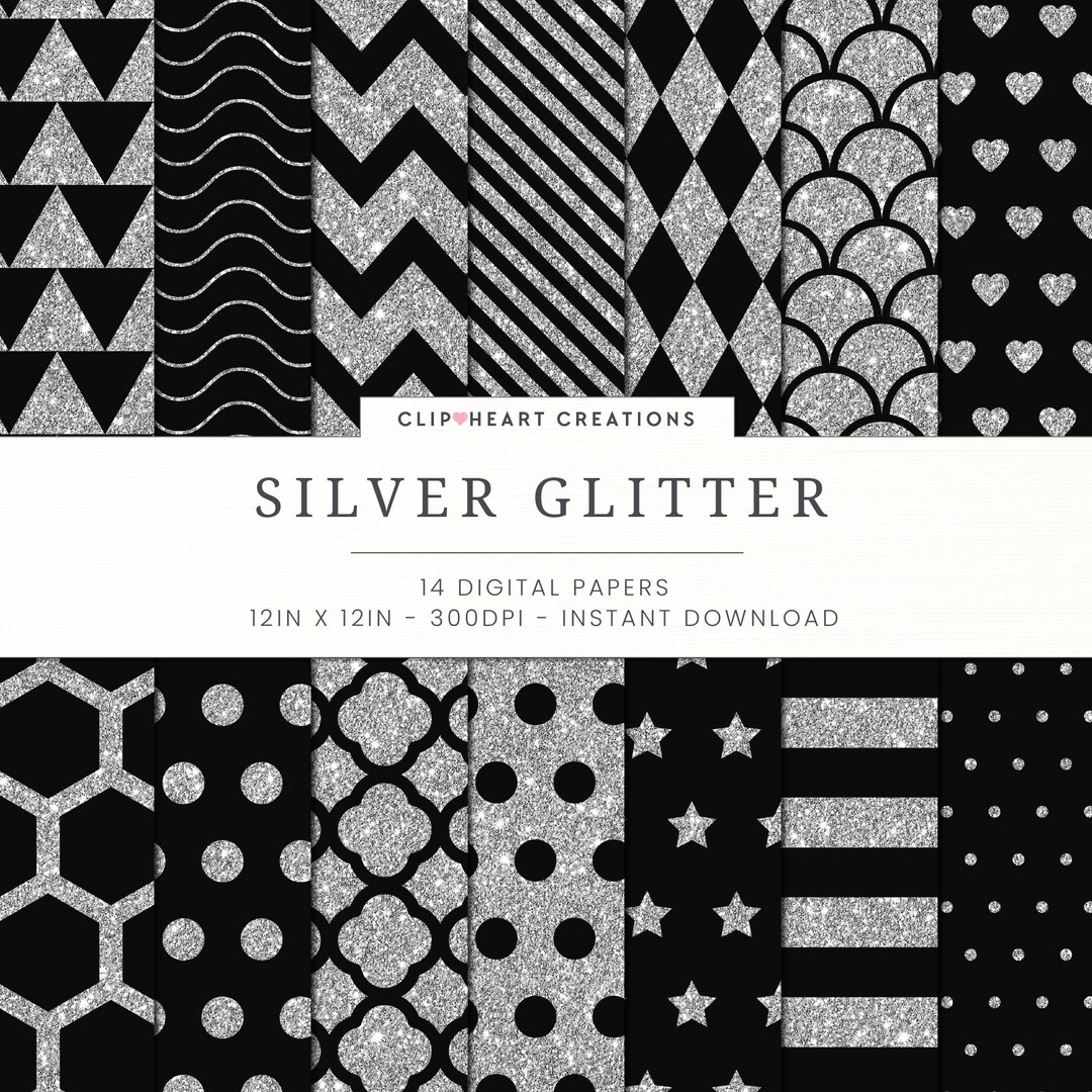 14 Silver and Black Glitter Pattern Digital Papers, Commercial Use ...