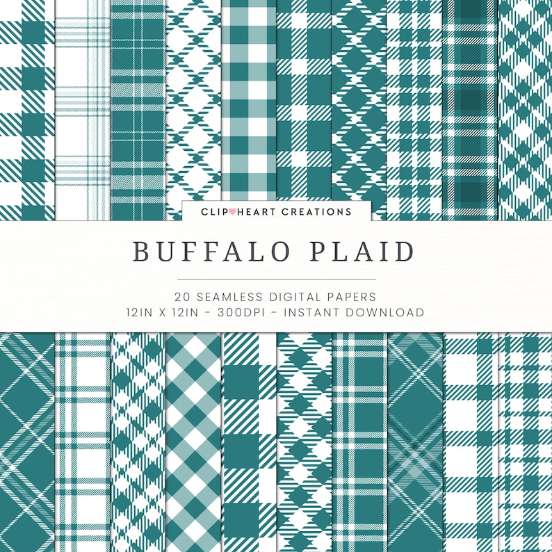 Teal Buffalo Plaid Digital Paper Set, Seamless Lumberjack Plaid Papers ...