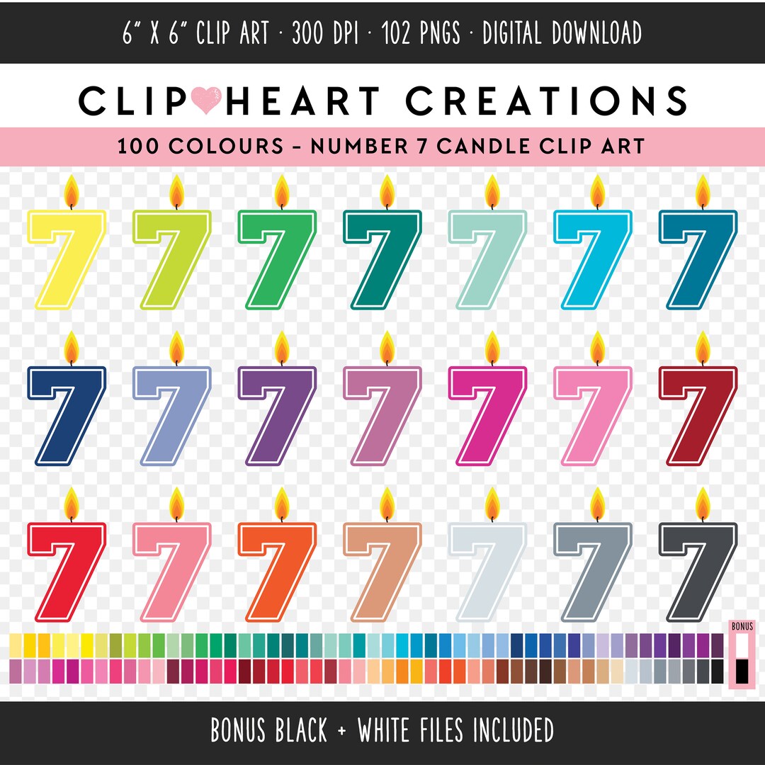 100 Number Seven Birthday Candle Clip Art, Commercial Use Instant ...