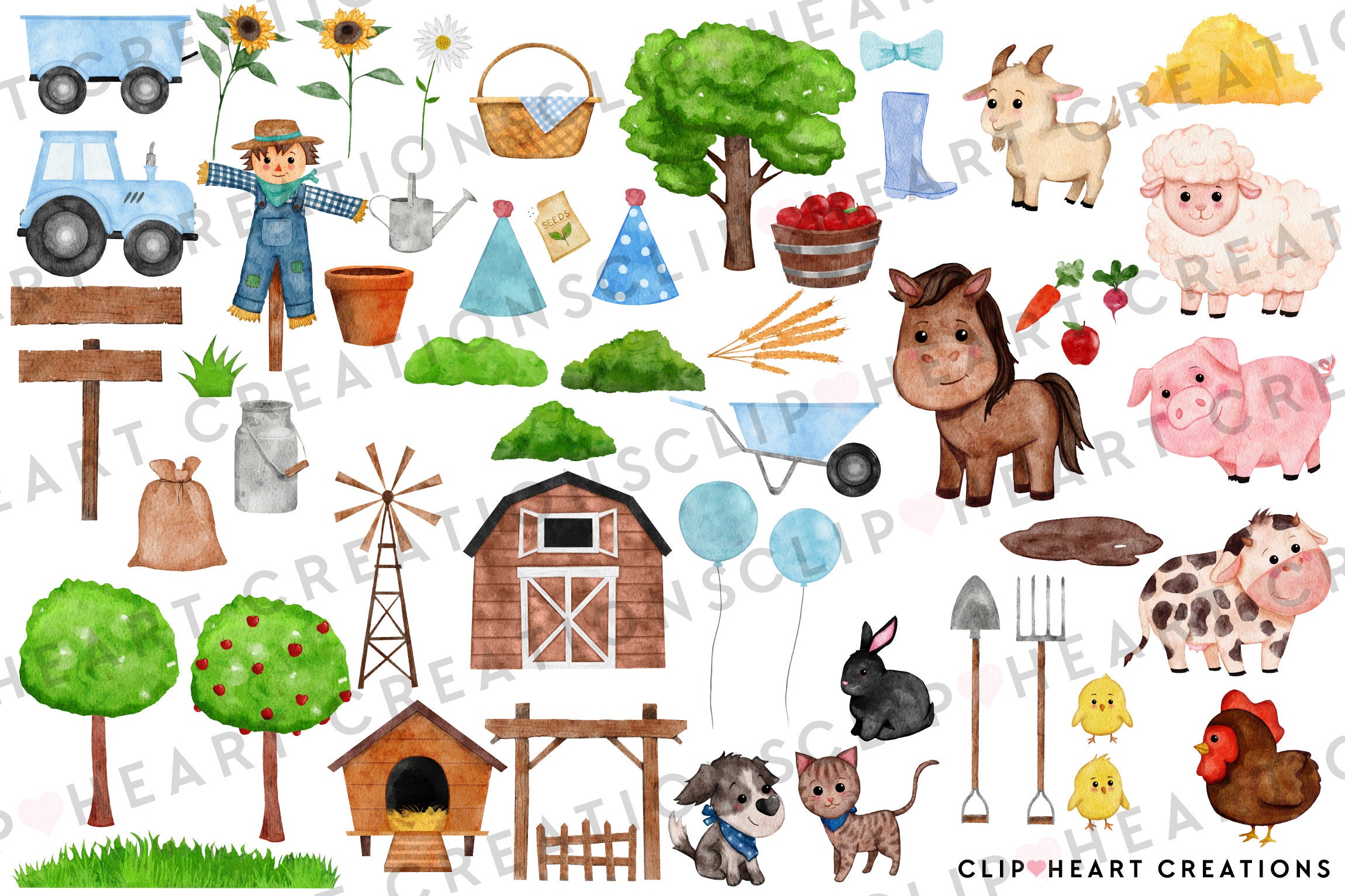 On the Farm Blue Watercolor Clip Art Commercial Use Instant - Etsy