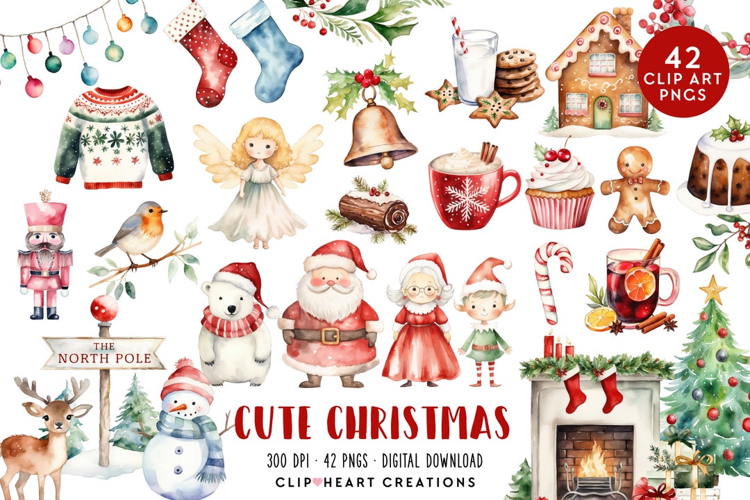 Cute Christmas Watercolor Clipart Set, Commercial Use Instant Download ...