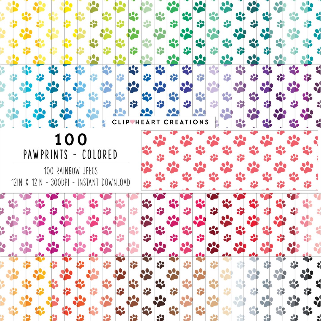 100 Paw Prints Pattern Digital Paper, Commercial Use Seamless Color Paw ...