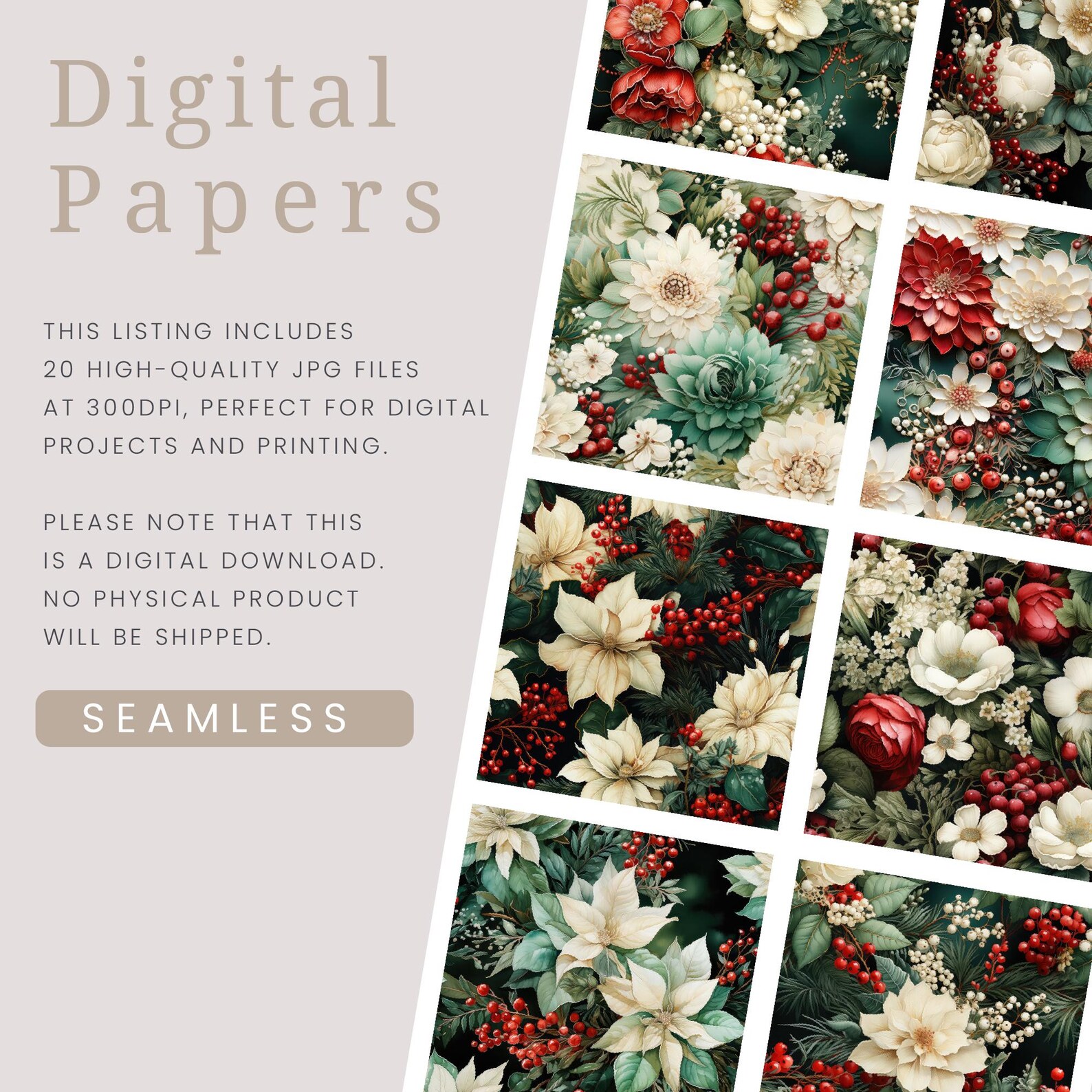 Christmas Floral Digital Papers, Seamless Commercial Use Instant ...