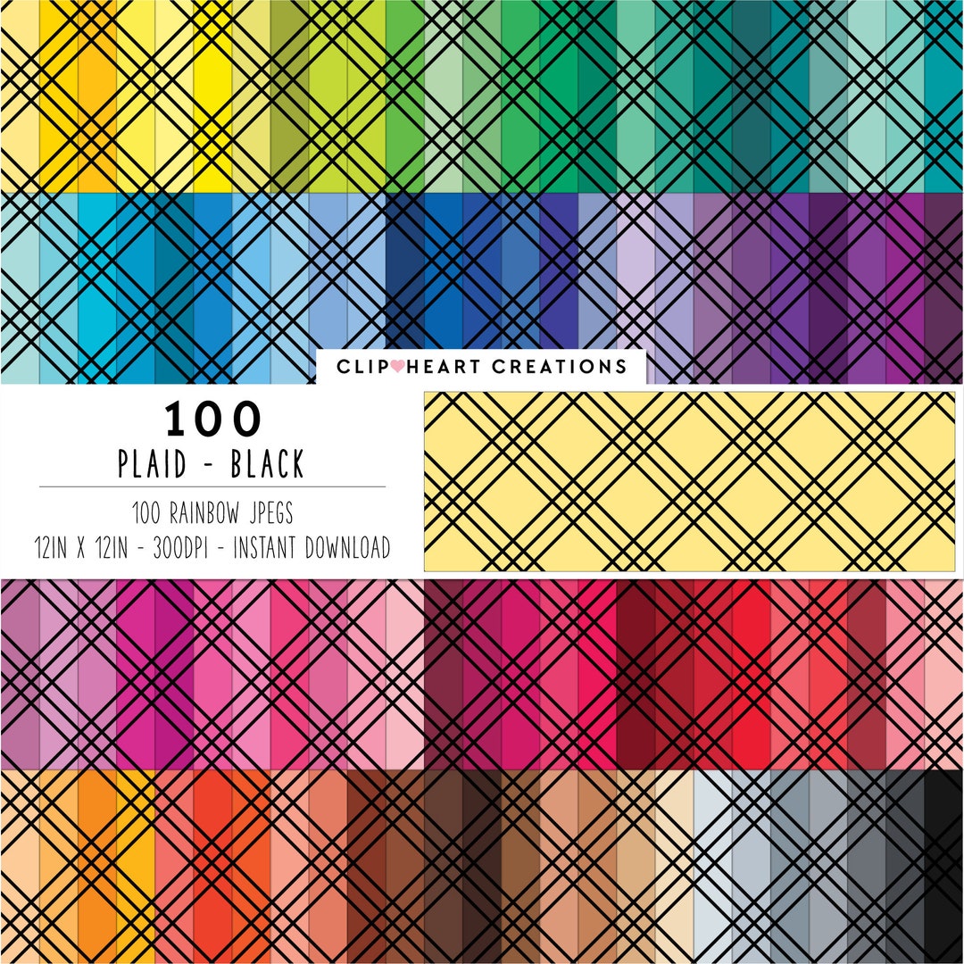 100 Plaid Pattern Digital Papers, Commercial Use Seamless Black Plaid ...