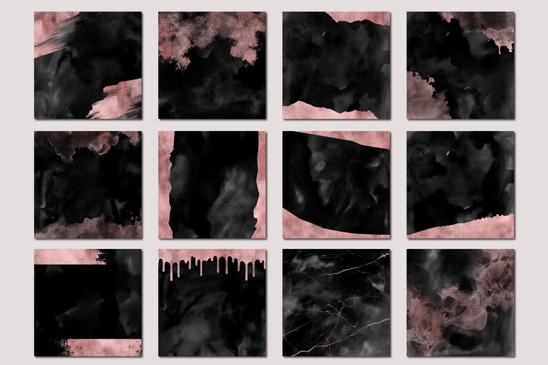 Black & Rose Gold Watercolor and Foil Digital Papers, Commercial Use ...