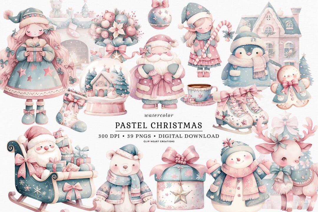 Watercolor Pastel Christmas Clipart Set, Commercial Use Instant ...