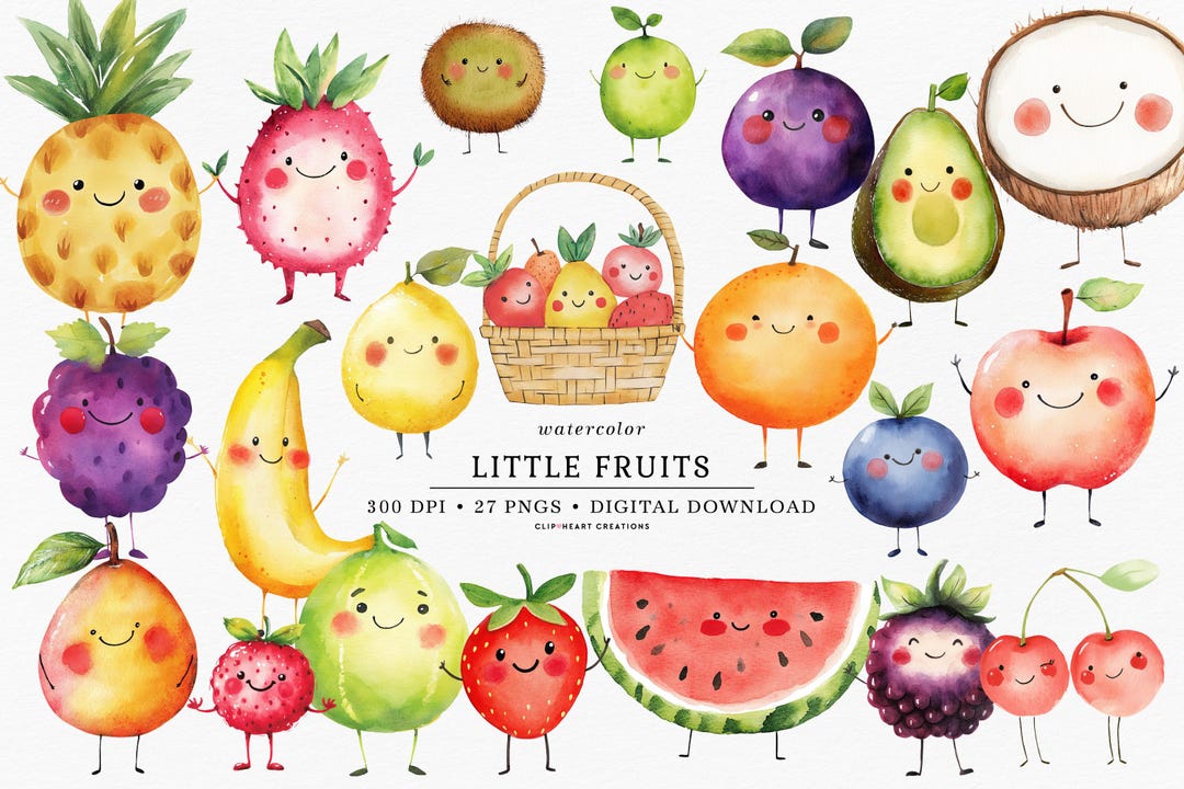 Cute Watercolor Little Fruits Clipart Set - 27 Pngs - Digital Download ...