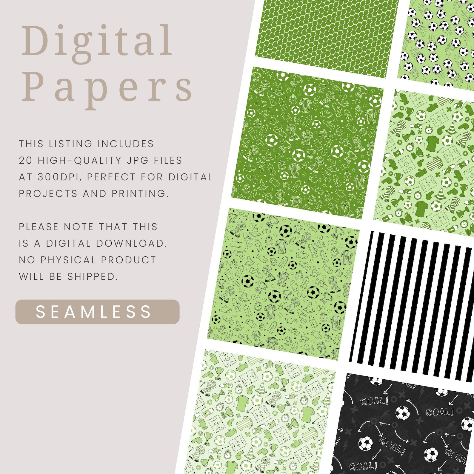 20 Soccer Themed Digital Papers, Seamless Commercial Use Instant ...